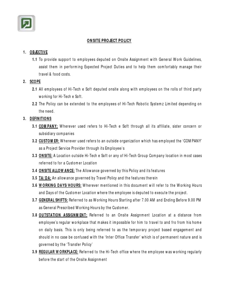 Onsite Project Policy Guide | PDF | Payroll | Employment