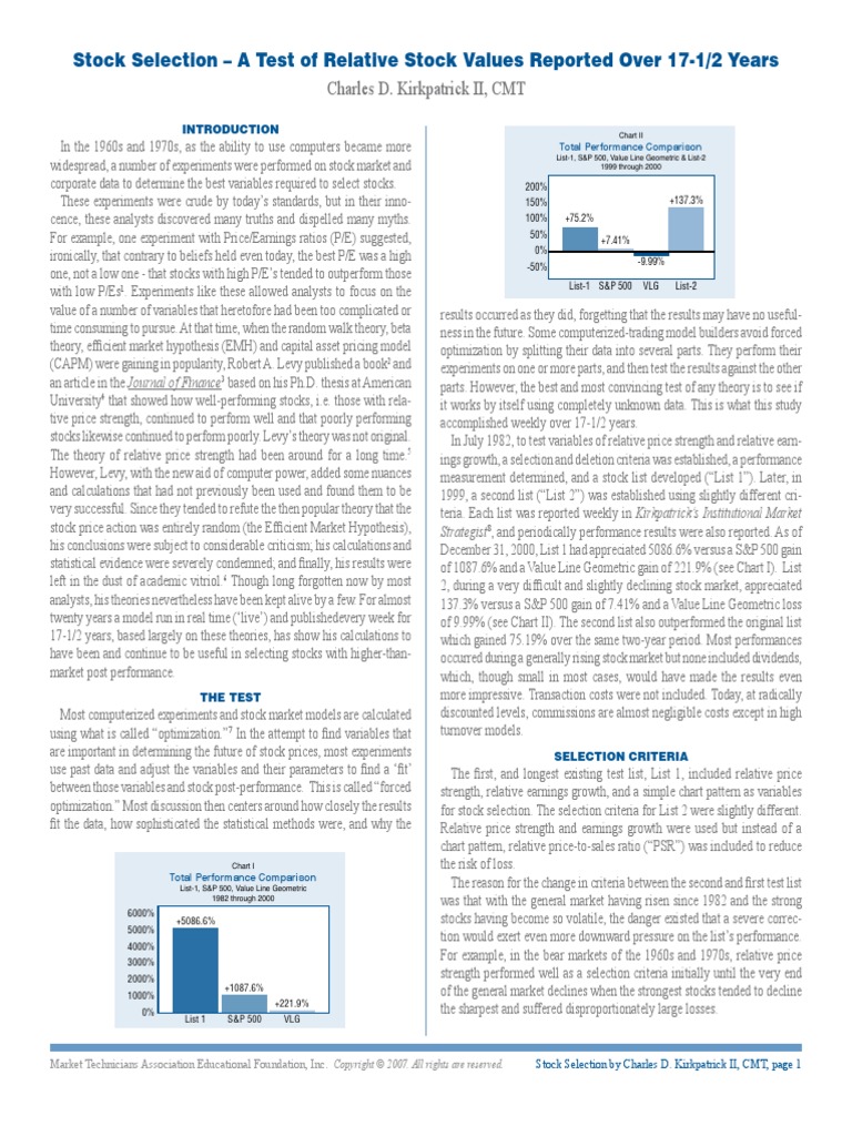 Stock Selection - A Test of Relative Stock Values Reported Over 17.5 ...