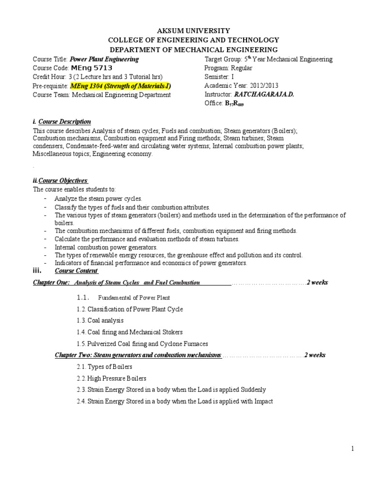 Power Plant Course Outline | PDF | Steam Engine | Boiler