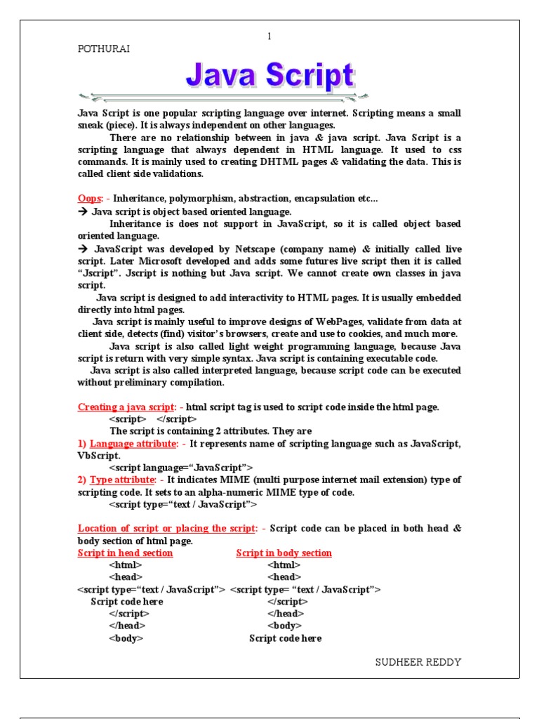 JavaScript Notes | PDF | Java Script | Html JavaScript Notes | PDF | Java Script | Html