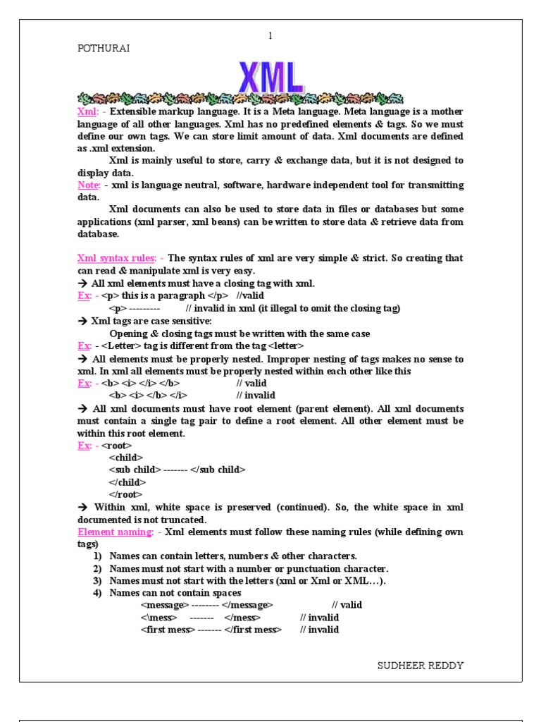 XML Notes | PDF | Html Element | Xml