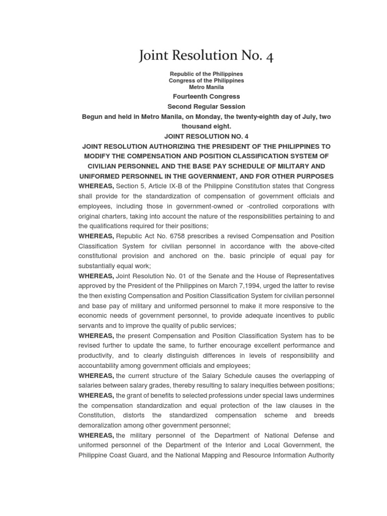 Joint Resolution No. 4 - Salary Standardization 2009 | PDF | Inspector ...