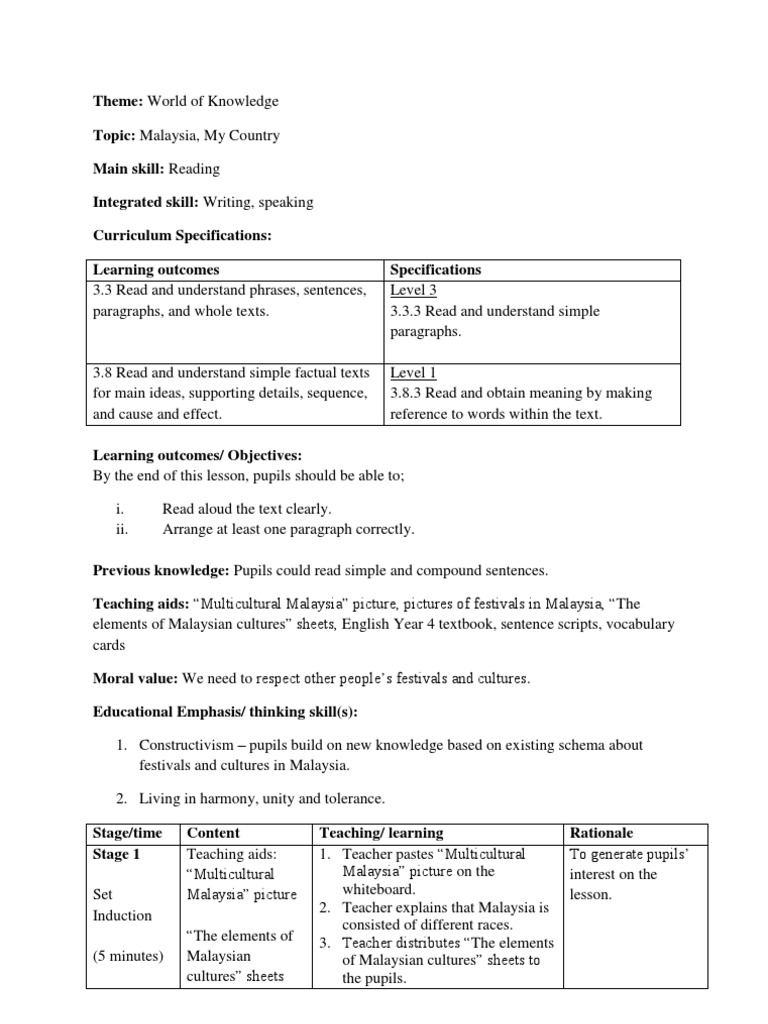 Lesson Plan 7 (World of Knowledge Year 4) | PDF | Reading (Process ...