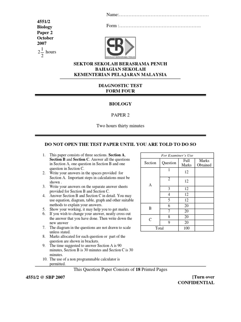 Biologi F4 Final SBP 2007 P2 | PDF