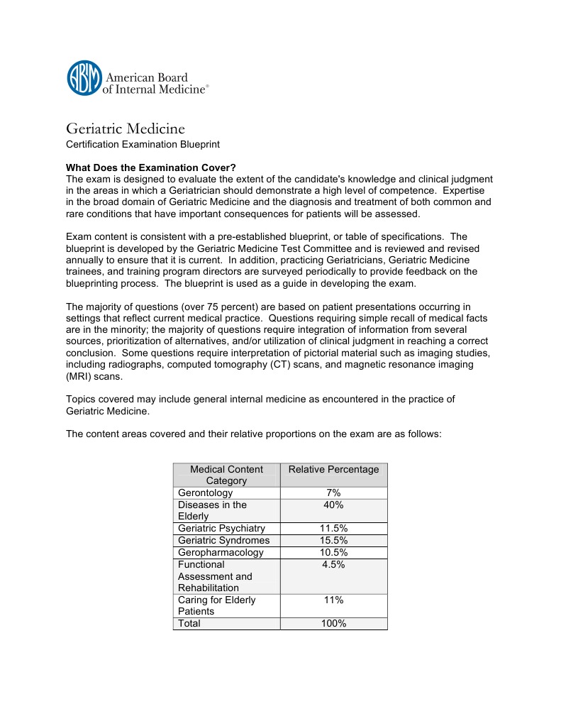 Geriatric Medicine Certification Examination Blueprint - ABIM | PDF ...