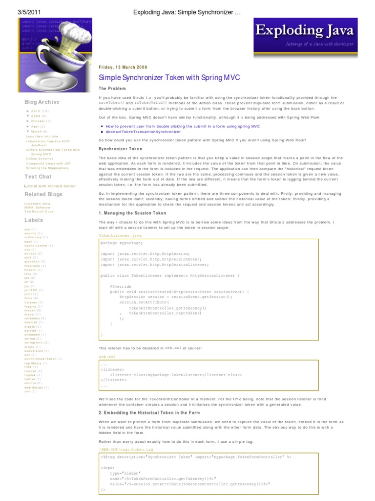 Exploding Java - Simple Synchronizer Token With Spring MVC | PDF | Java Servlet | Spring Framework