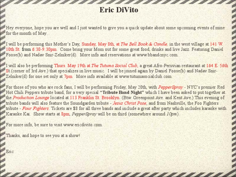 Eric DiVito May Performance Schedule | PDF