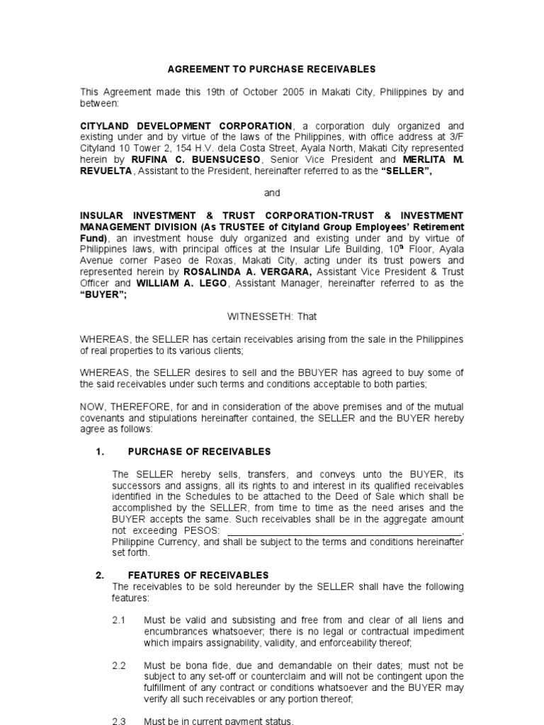 Agreement to Purchase Receivables | Payments | Interest | Free 30-day ...