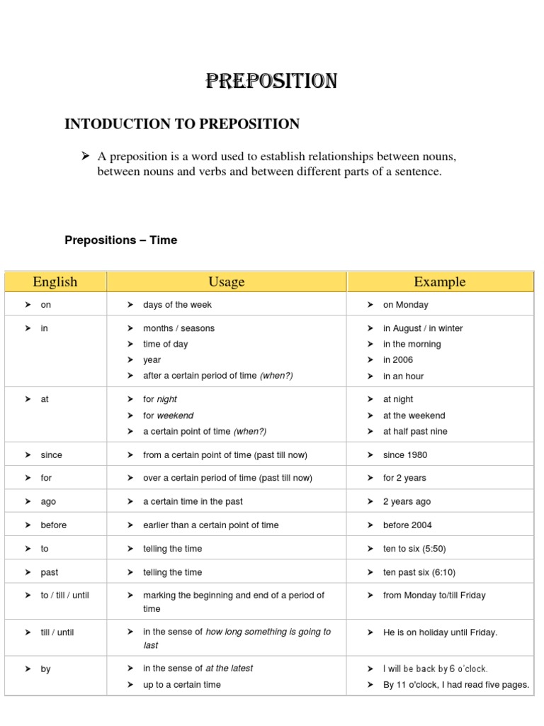Preposition | PDF | Preposition And Postposition | Workweek And Weekend