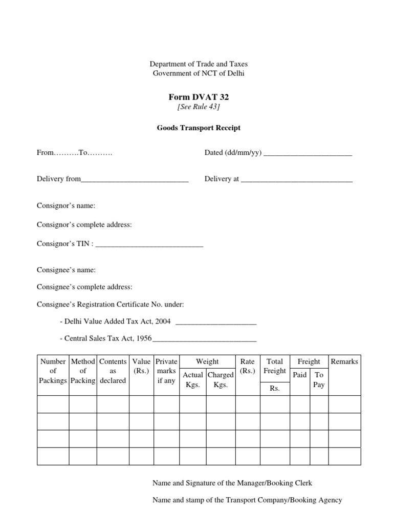 DVAT Form 32: Goods Transport Receipt | PDF
