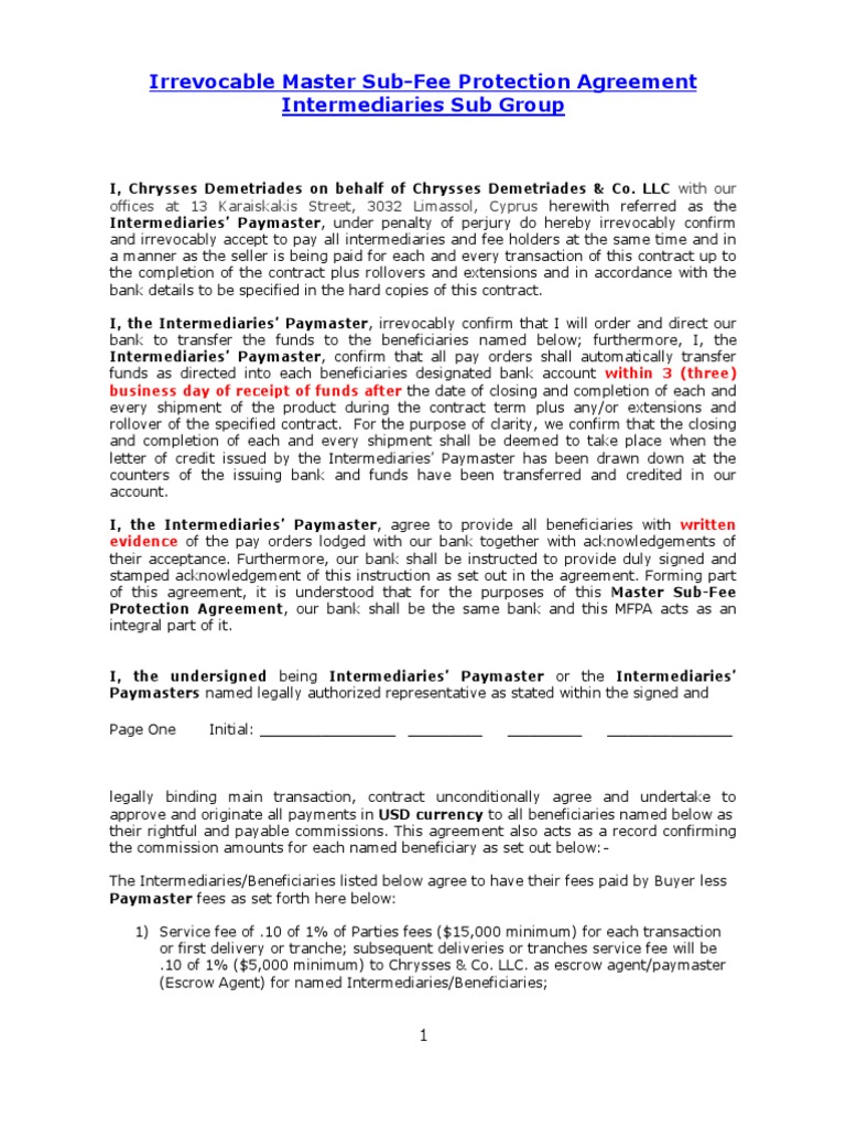 Master Sub-Fee Protection Agreement With Participants' Full Details ...
