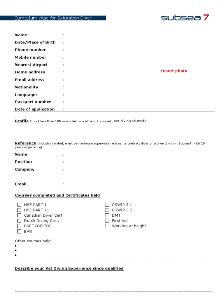 Curriculum Vitae For Saturation Diver: Insert Photo | PDF | Underwater ...