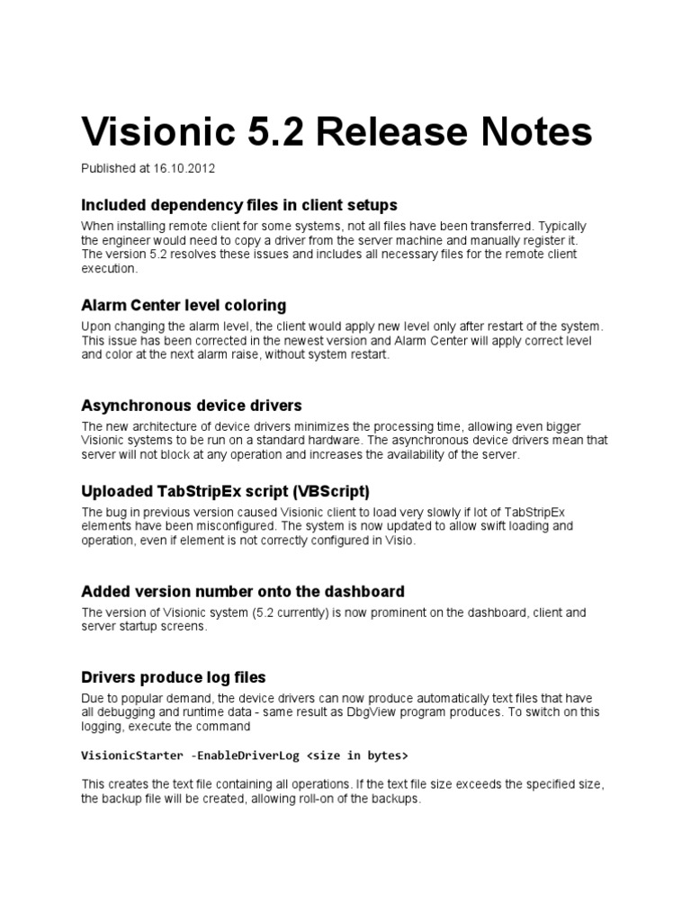 Visionic 5.2 Release Notes | PDF | Device Driver | Server (Computing)