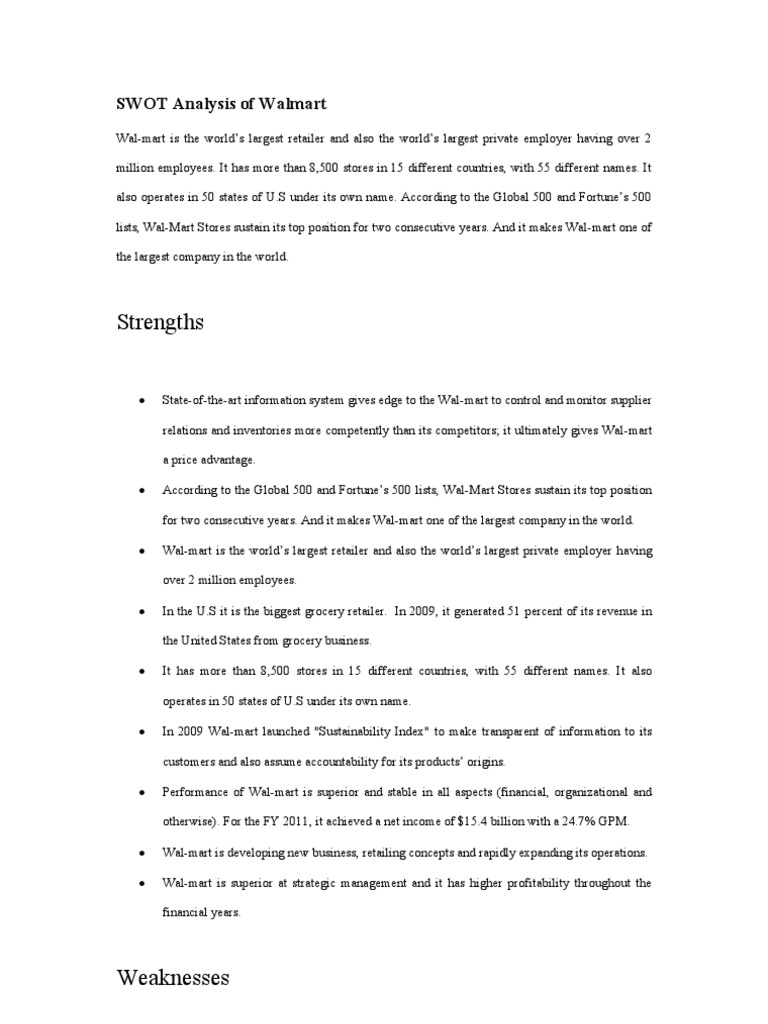 Walmart SWOT Analysis: Strengths & Threats | PDF | Walmart | Retail