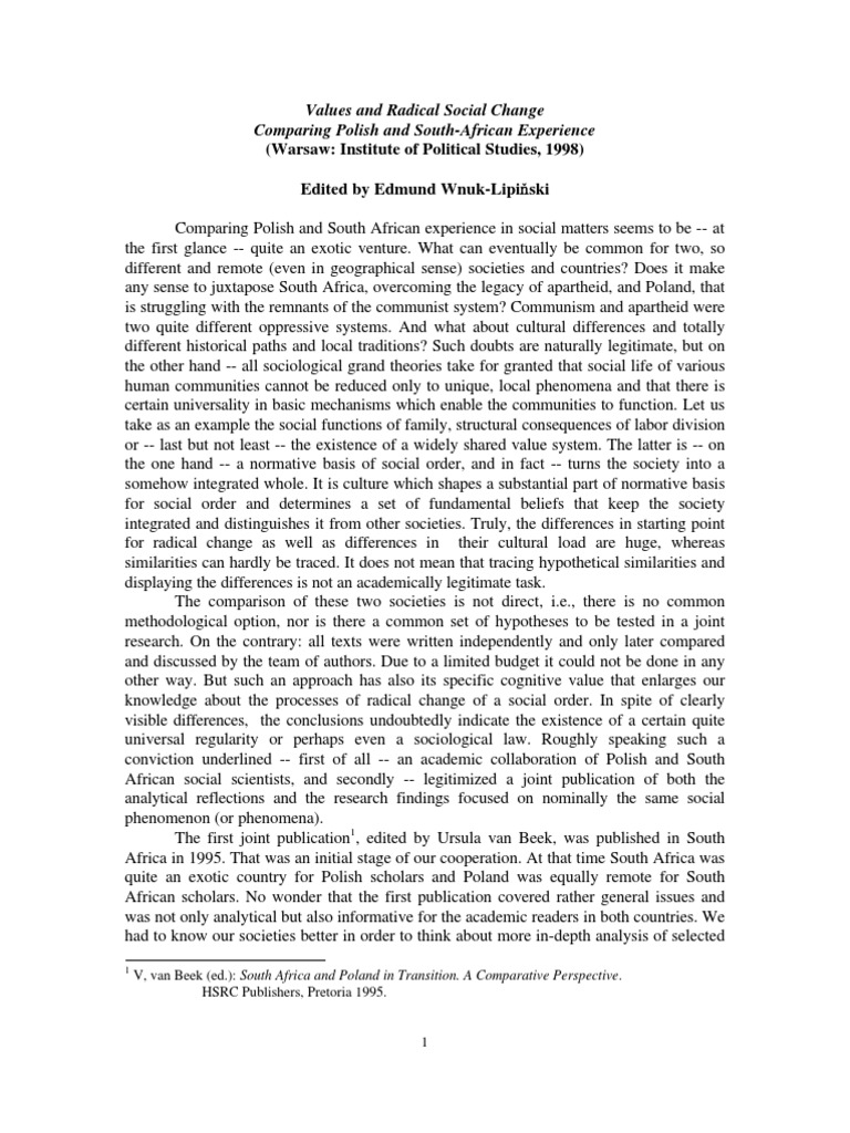 Values and Radical Social Change Comparing Polish and South-African ...