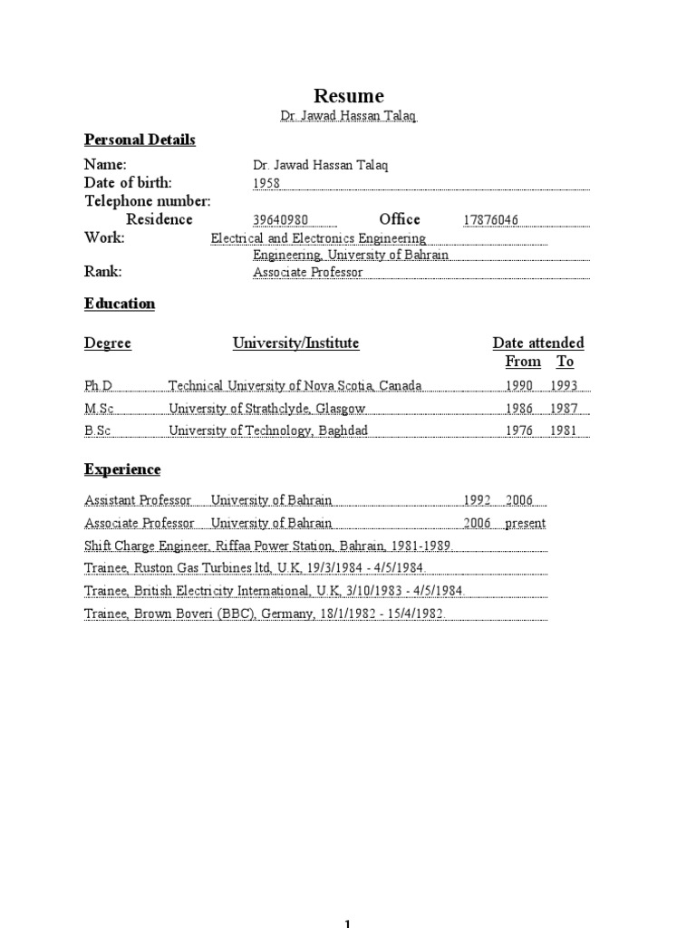 Resume: Personal Details