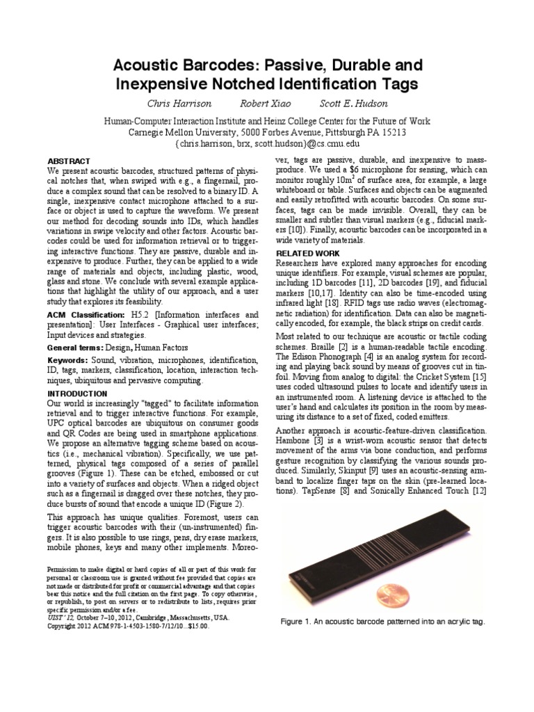Acoustic Barcodes: Passive, Durable and Inexpensive Notched ...