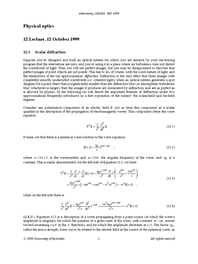 Scalar Diffraction | PDF | Diffraction | Wave Equation