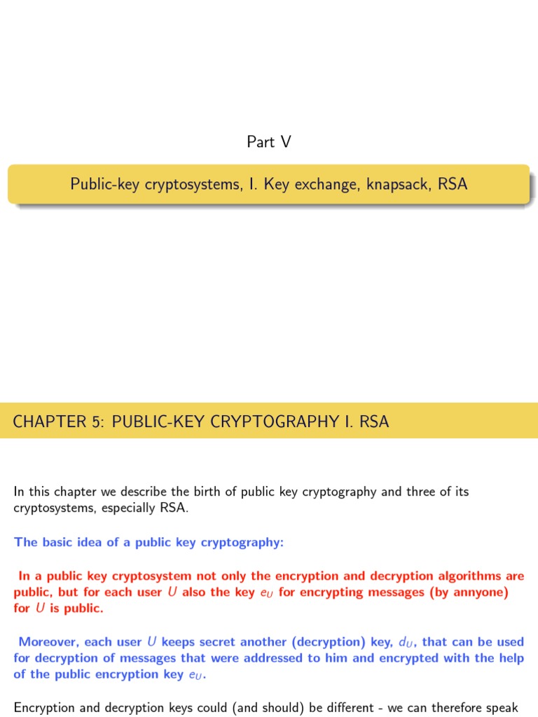Public-Key Cryptosystems, I. Key Exchange, Knapsack, RSA | PDF | Cryptography | Key (Cryptography)