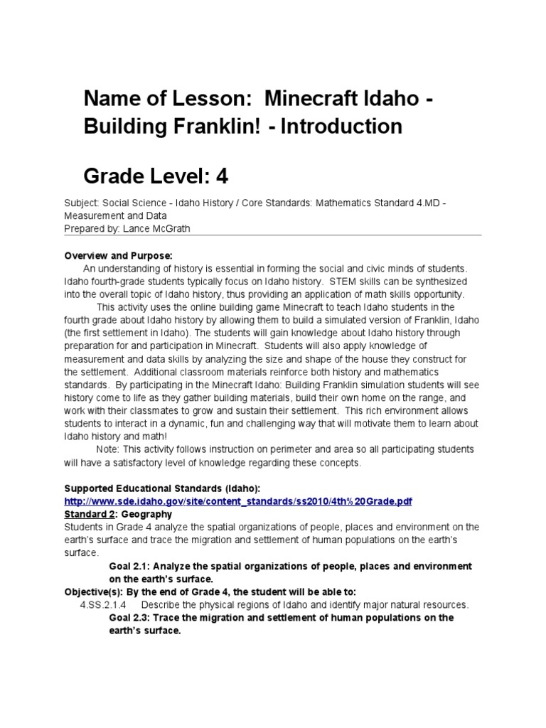 Name of Lesson: Minecraft Idaho - Building Franklin! - Introduction ...