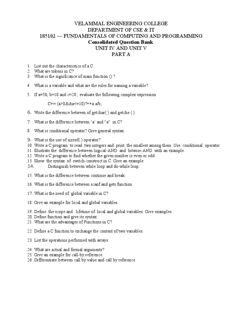 Focp Important Question in Unit IV and Unit V | PDF | C (Programming Language) | Matrix ...