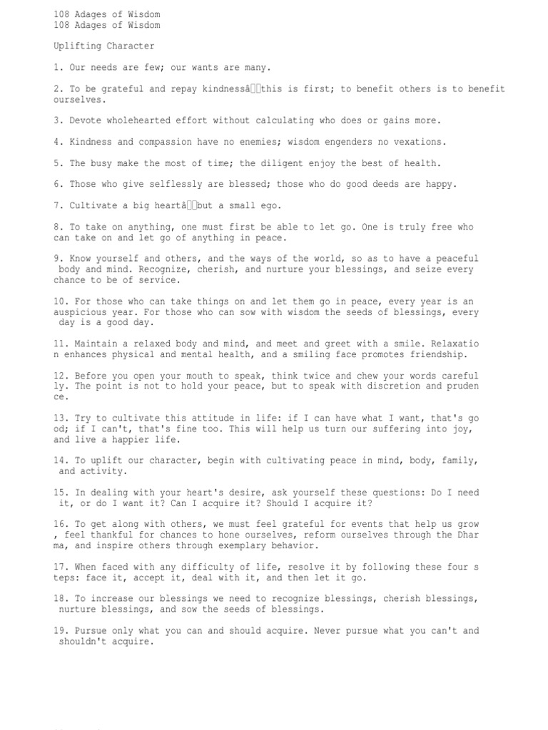 108 Adages of Wisdom | PDF | Wisdom | Meaning Of Life