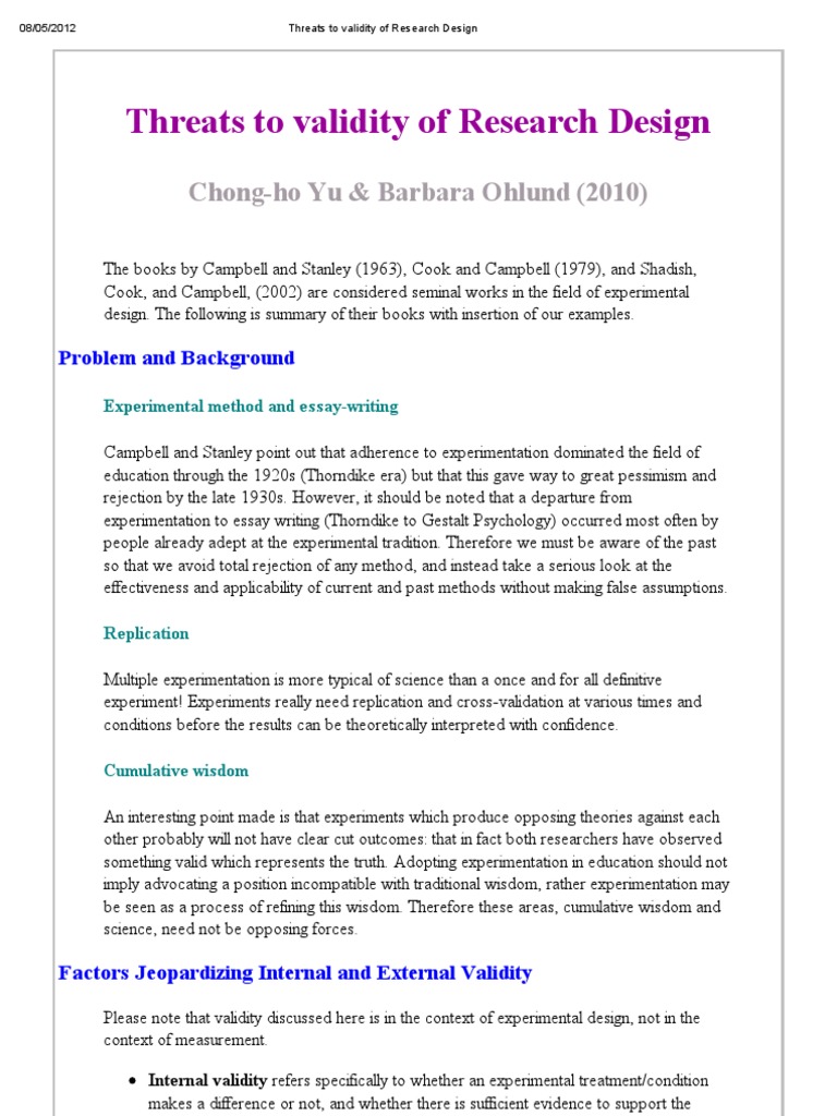 Threats To Validity of Research Design | PDF | Experiment | Validity (Statistics)