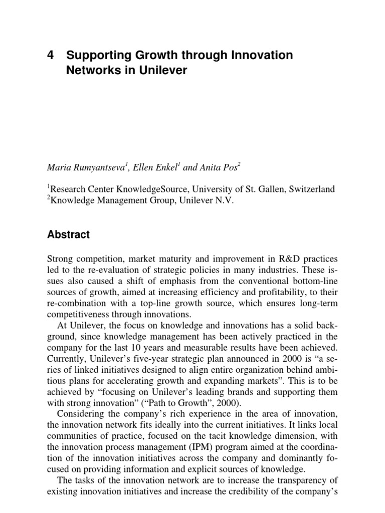 Supporting Growth Through Innovation Network in Unilever | PDF ...