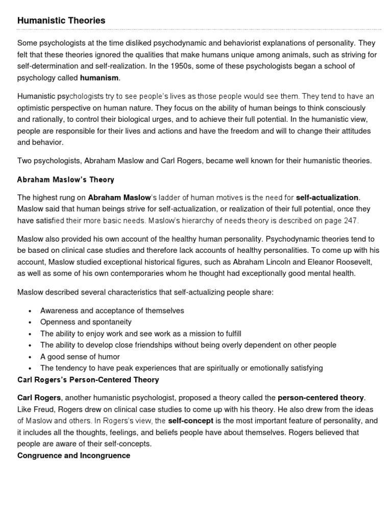 Humanistic Theories | PDF | Self Actualization | Humanistic Psychology