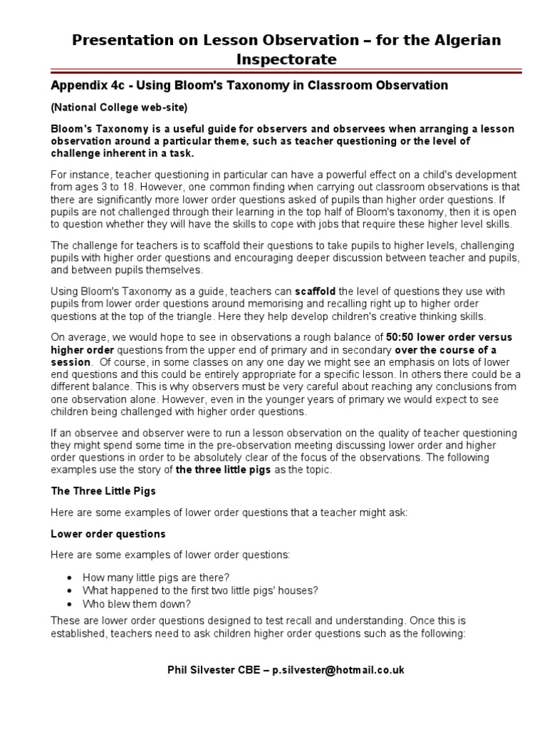 Appendix 4c Using Blooms Taxonomy in Classroom Observation | PDF ...