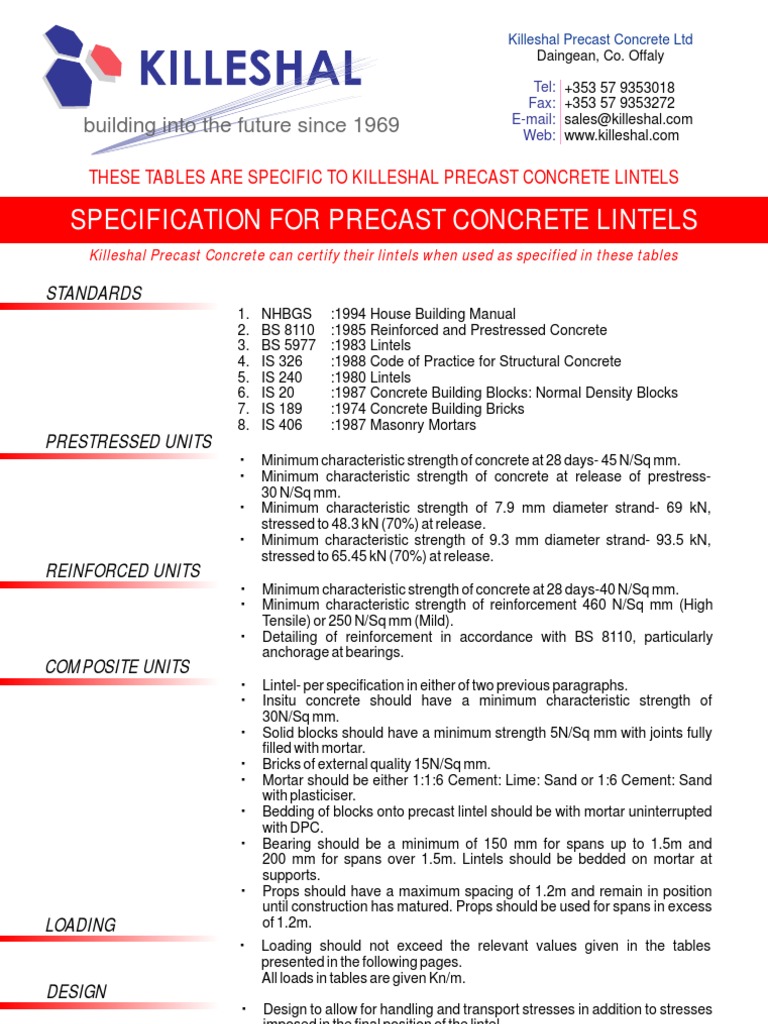 Killeshal Precast Concrete Lintel Specs | PDF | Prestressed Concrete ...