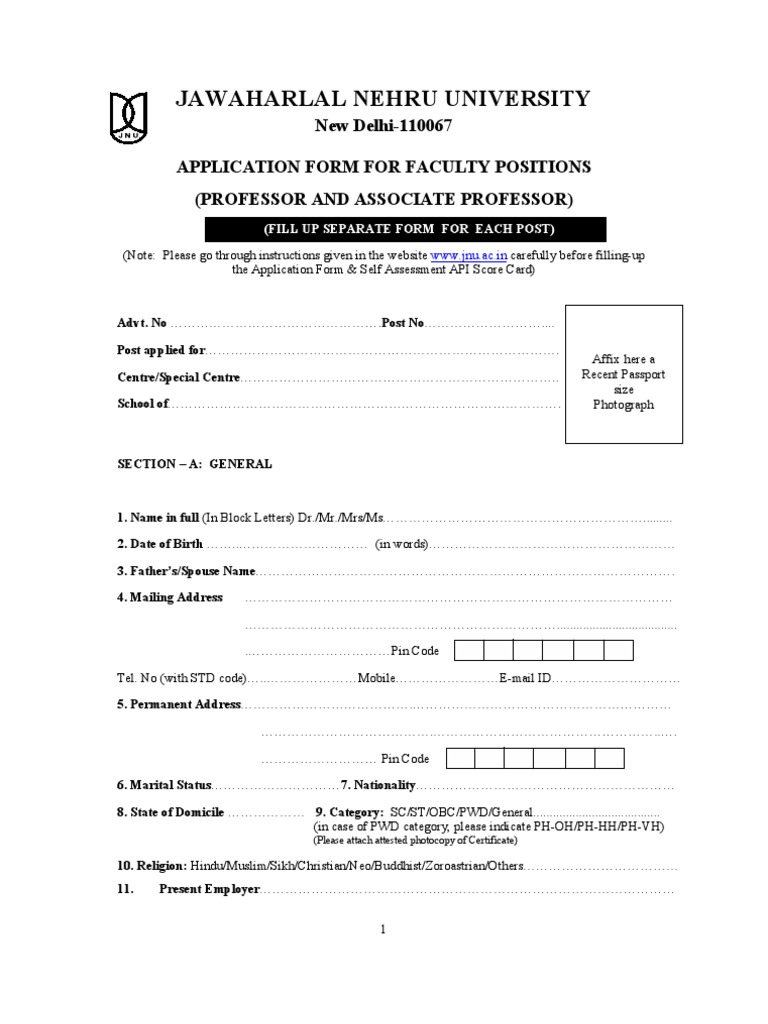 Jawaharlal Nehru University: New Delhi-110067 Application Form For ...