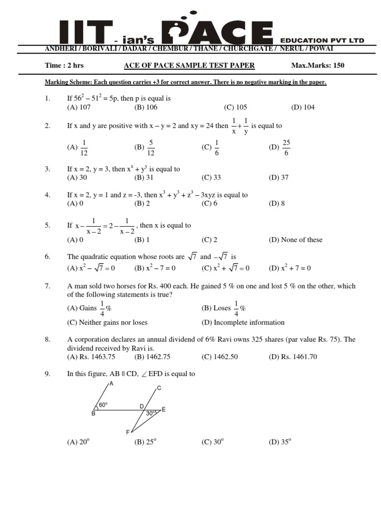 Ace of PACE Sample Paper | PDF | Elementary Geometry | Geometric Shapes