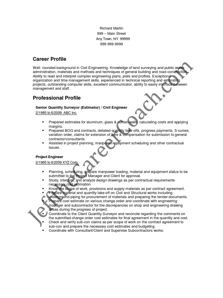 Quantity Surveyor Sample Resume (1) | Surveying | Engineer