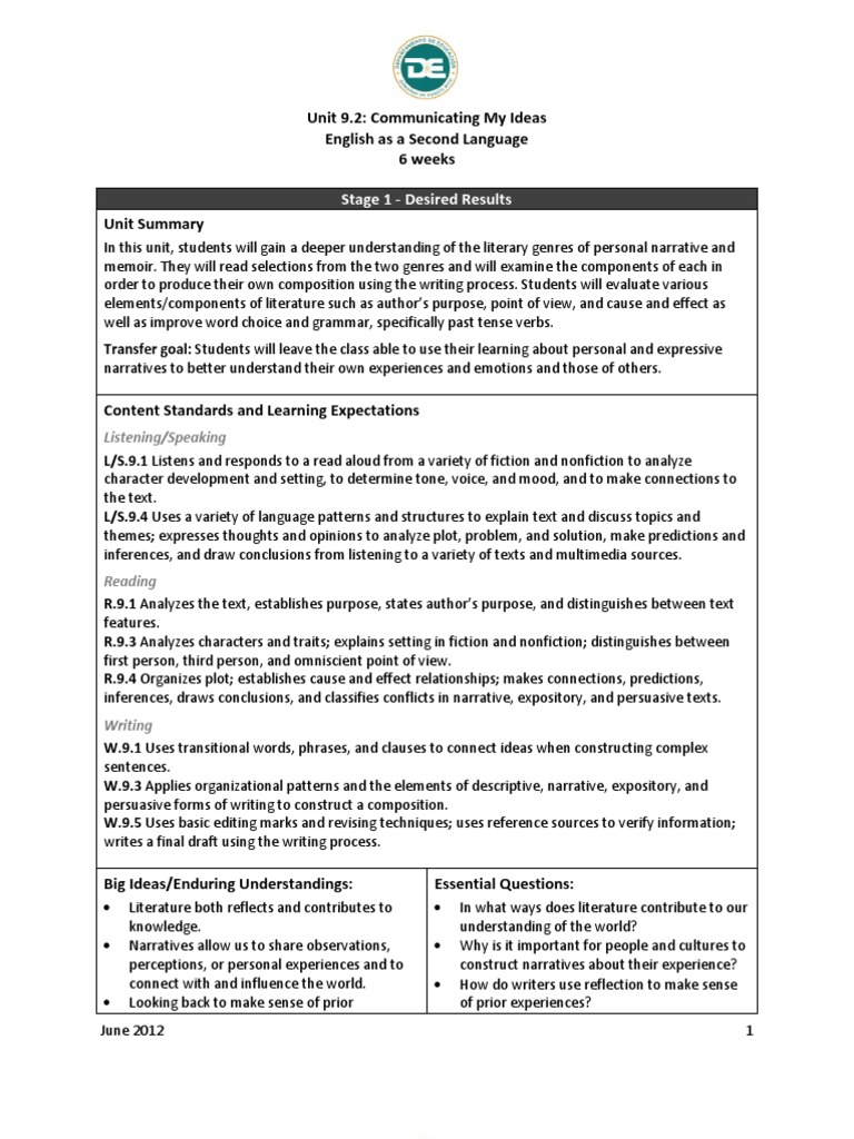 ESL Unit: Writing Personal Narratives | PDF