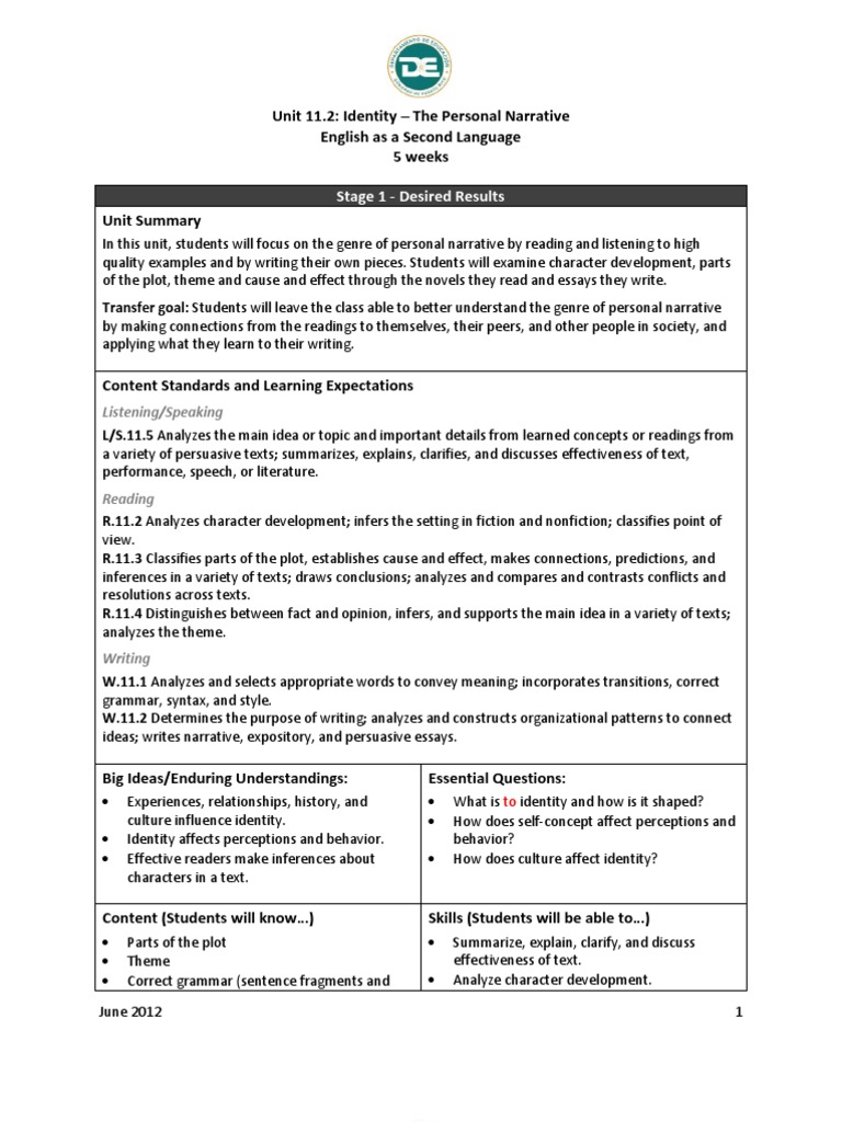 Personal Narrative Unit for ESL Students | PDF | Narrative | Essays