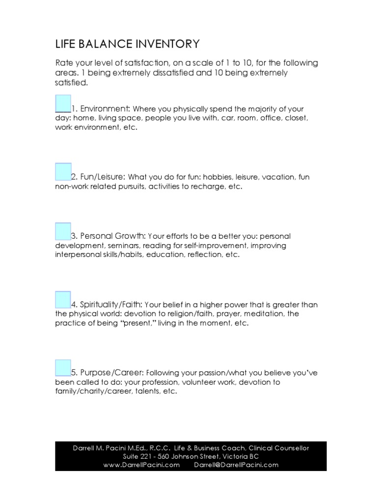 Life Balance Inventory Assessment Guide | PDF | Contentment | Mental Health