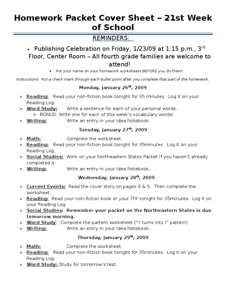 Homework Cover Sheet 012609 | PDF | Language Arts & Discipline | Home ...