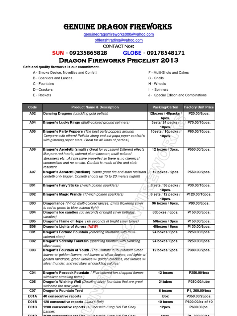 Dragon Fireworks Price List 2023 | PDF | Fireworks | Nature