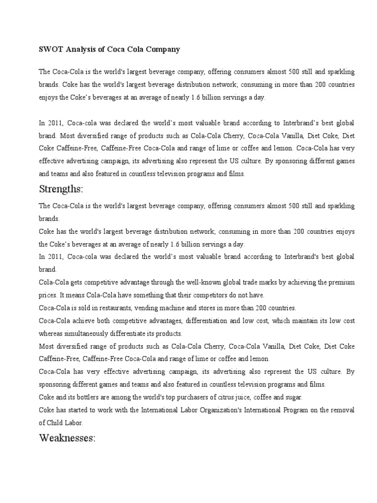 SWOT Analysis of Coca Cola | PDF | Coca Cola | Pepsi Co