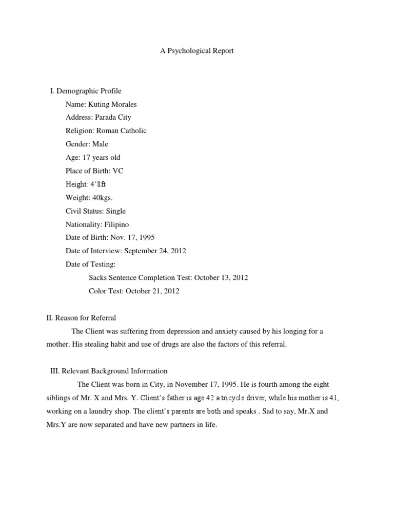 Psychological Report | Feeling | Clinical Psychology