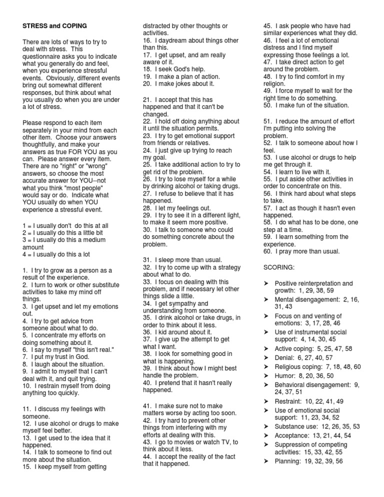 Coping with Stress Questionnaire | PDF | Coping (Psychology) | Social ...