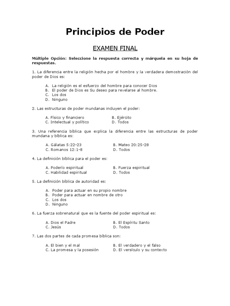 Examen Final Principios de Poder | PDF | Fe | Jesús