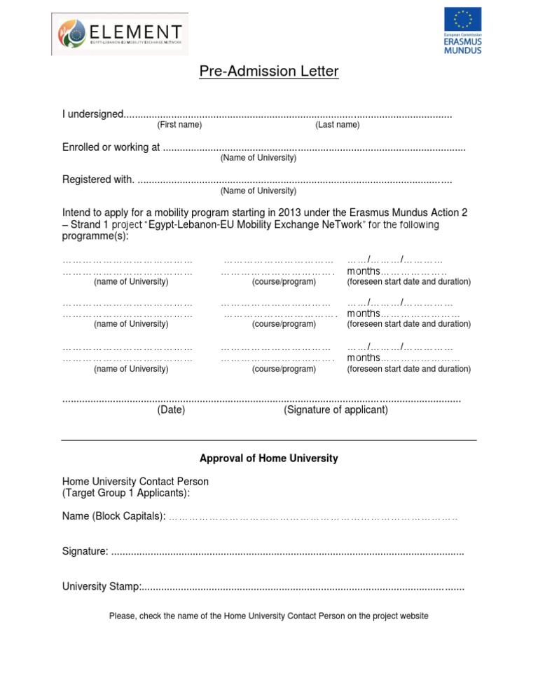 Pre Admission Letter | PDF