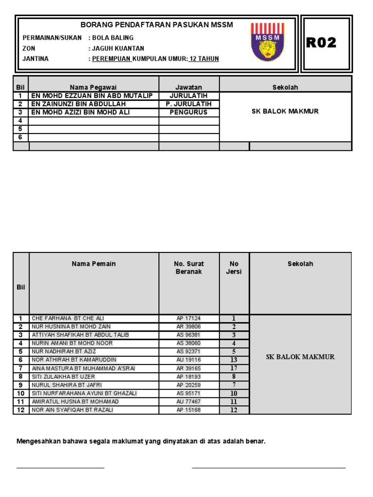 Borang Pendaftaran R02 BOLA BALING | PDF