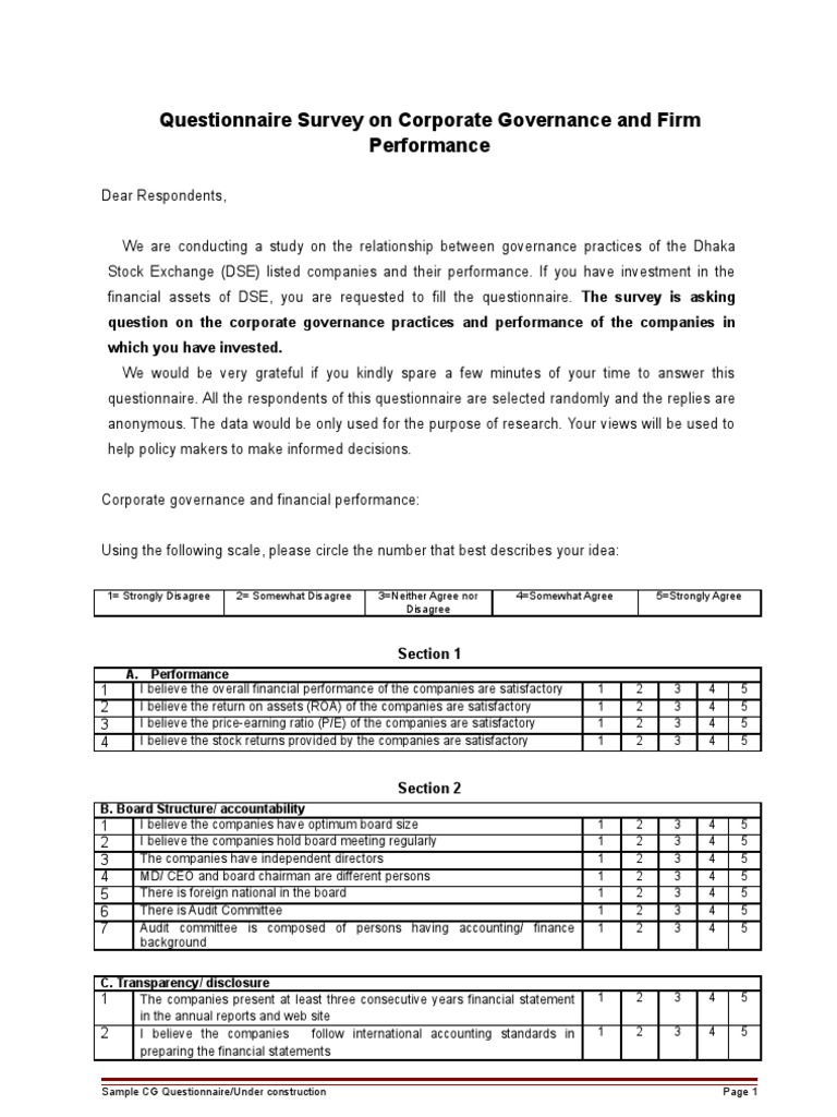 Questionnaire - CG and Stock Returns 1 | PDF | Corporate Governance ...