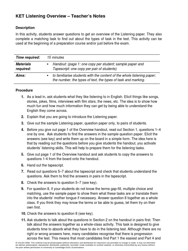 KET Listening Overview | PDF | Test (Assessment) | Multiple Choice