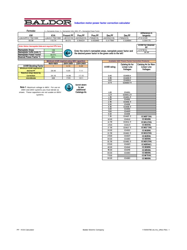 PF Correction Calculator BALDOR | PDF | Capacitor | Electronics