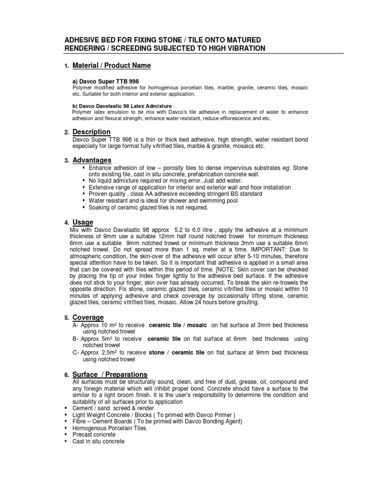 Davco Super TTB 998 + Davelastic 98 PDF | PDF | Tile | Adhesive
