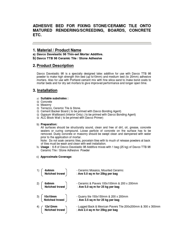 Davco Davelastic 98 Adhesive Guide | PDF | Mortar (Masonry) | Adhesive